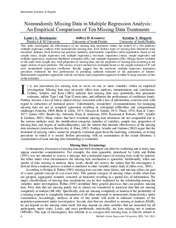 (PDF) Nonrandomly Missing Data in Multiple Regression Analysis: An Empirical Comparison of Ten ...