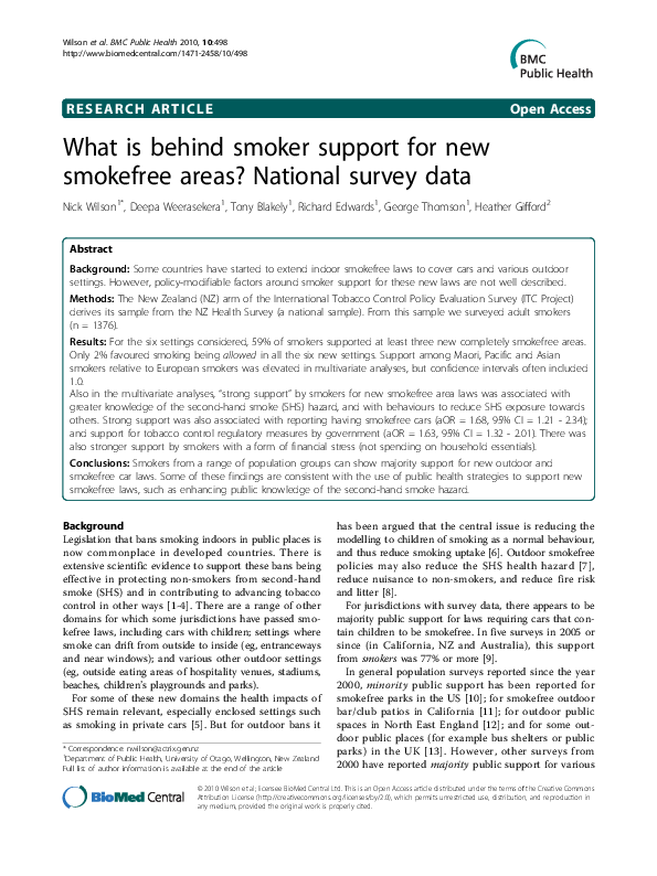 (PDF) What is behind smoker support for new smokefree areas? National ...