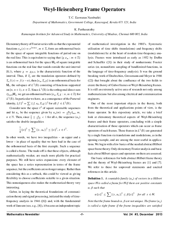 (PDF) Weyl-Heisenberg Frame Operators