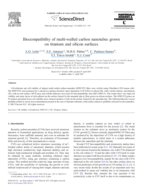 (PDF) Cell viability and adhesion on as grown multi-wall carbon nanotube films