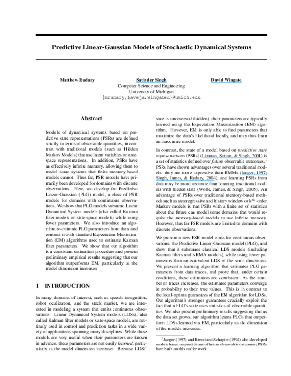 (PDF) Predictive Linear-Gaussian Models of Stochastic Dynamical Systems
