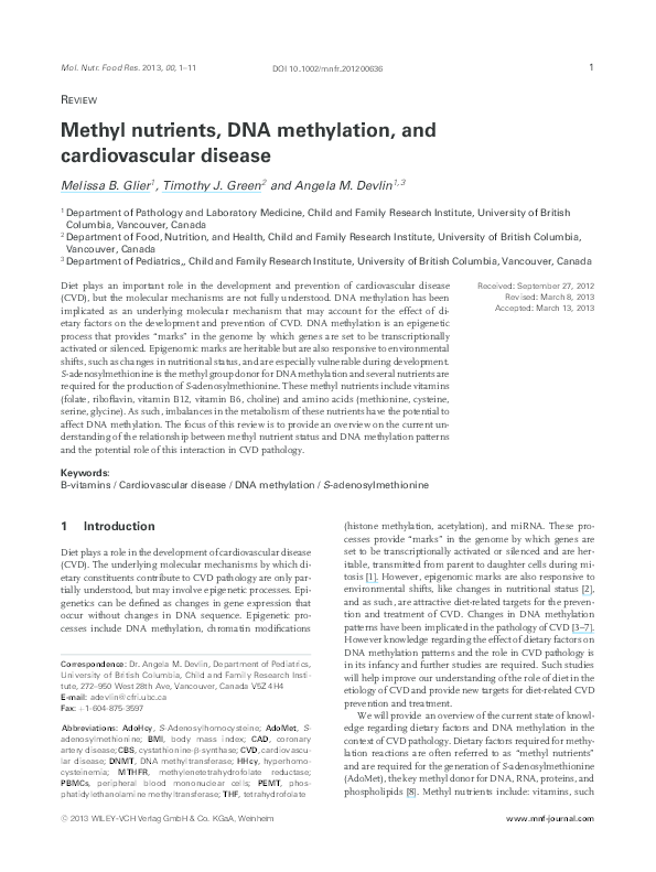 (PDF) Methyl nutrients, DNA methylation, and cardiovascular disease