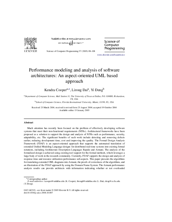 Pdf Performance Modeling And Analysis Of Software Architectures An Aspect Oriented Uml Based