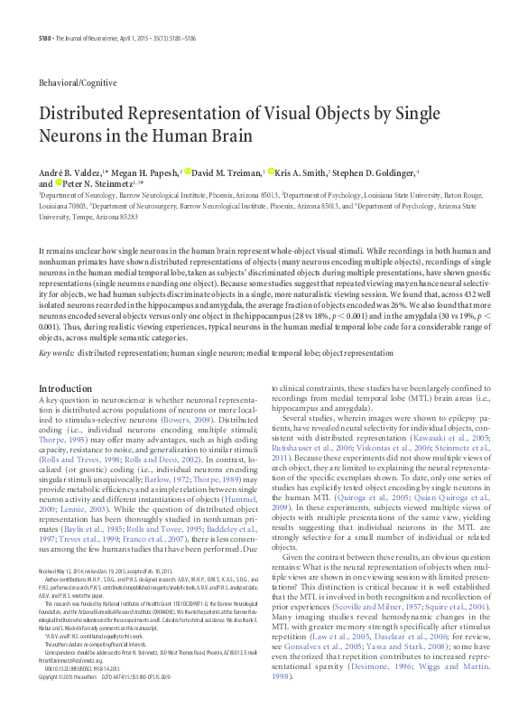 Pdf Distributed Representation Of Visual Objects By Single Neurons In