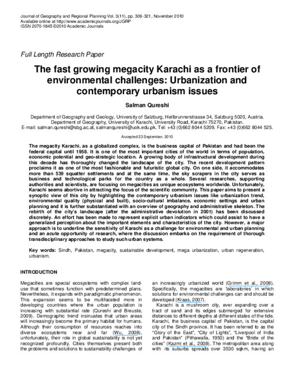(PDF) The fast growing megacity Karachi as a frontier of environmental challenges: Urbanization ...