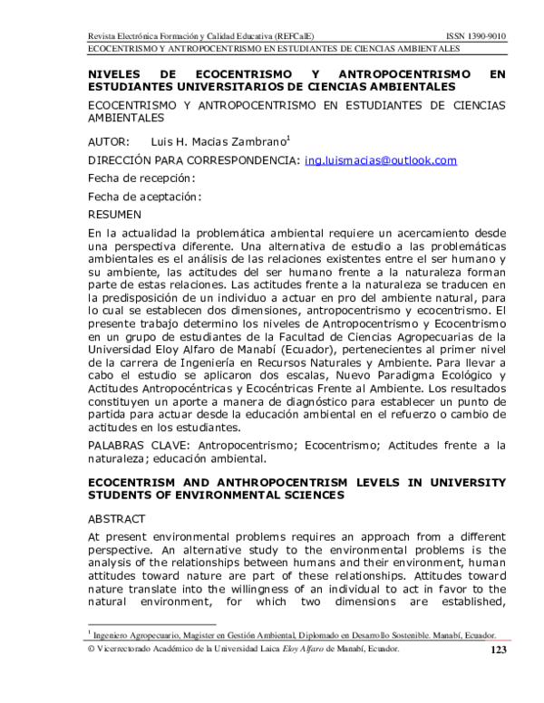 (PDF) NIVELES DE ECOCENTRISMO Y ANTROPOCENTRISMO EN ESTUDIANTES ...