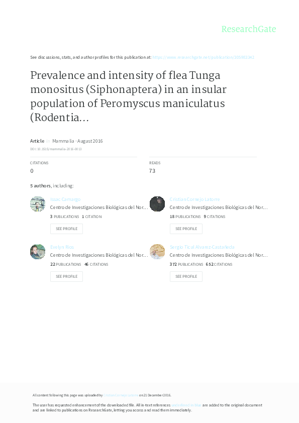(PDF) Prevalence of flea Tunga monositus (Siphonaptera) in an insular ...