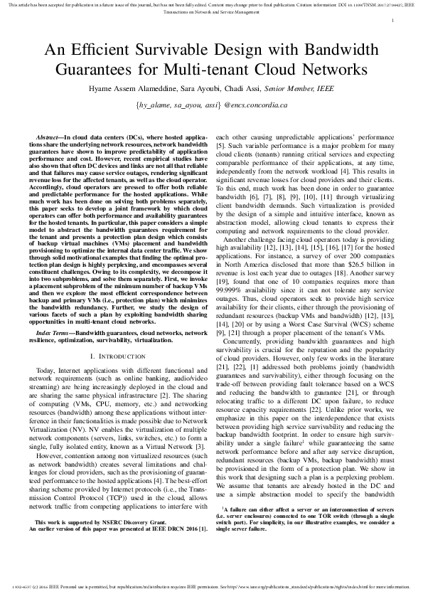 (PDF) An Efficient Survivable Design with Bandwidth Guarantees for Multi-tenant Cloud Networks