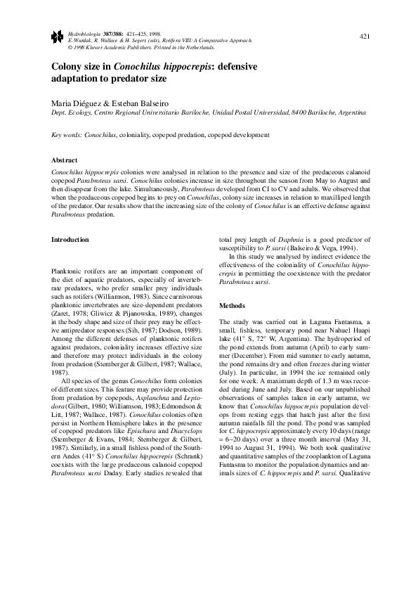 (PDF) Colony size in Conochilus hippocrepis: defensive adaptation to ...
