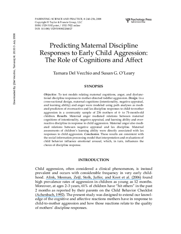 (PDF) Predicting Maternal Discipline Responses to Early Child Aggression: The Role of Cognitions ...