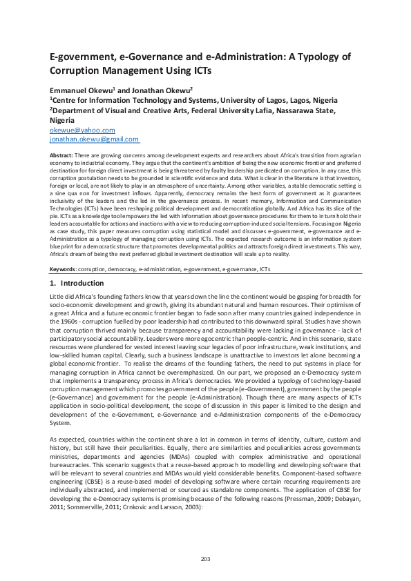 (PDF) E-government, e-Governance and e-Administration: A Typology of Corruption Management Using ...