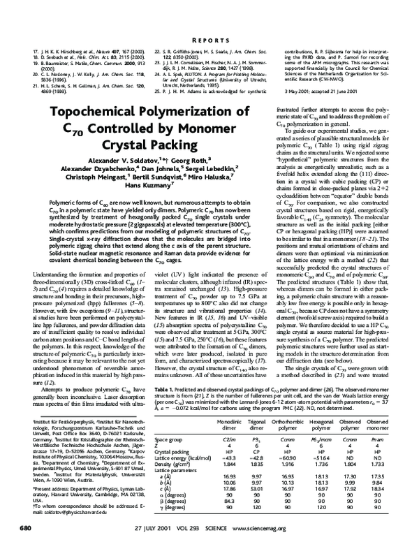 (PDF) Topochemical Polymerization of C70 Controlled by Monomer Crystal ...