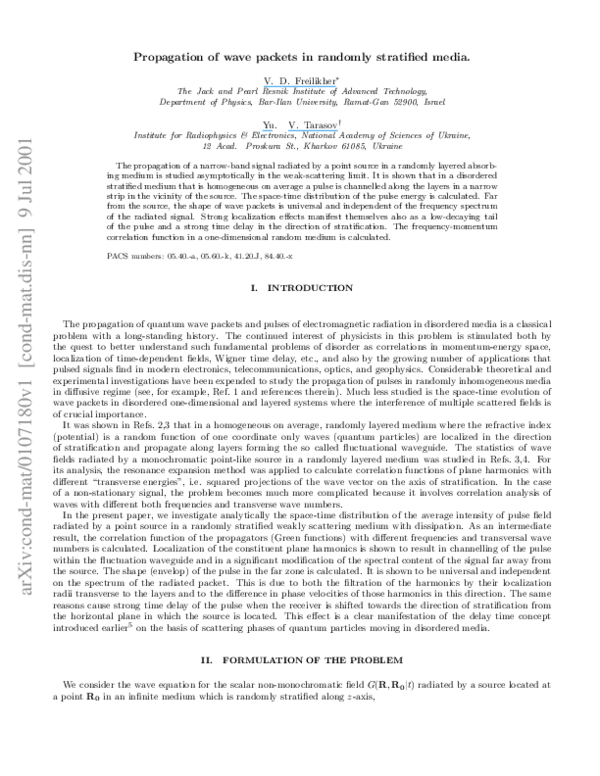 (PDF) Propagation of wave packets in randomly stratified media