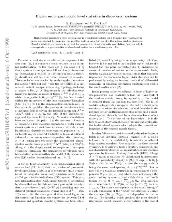 Pdf Higher Order Parametric Level Statistics In Disordered Systems