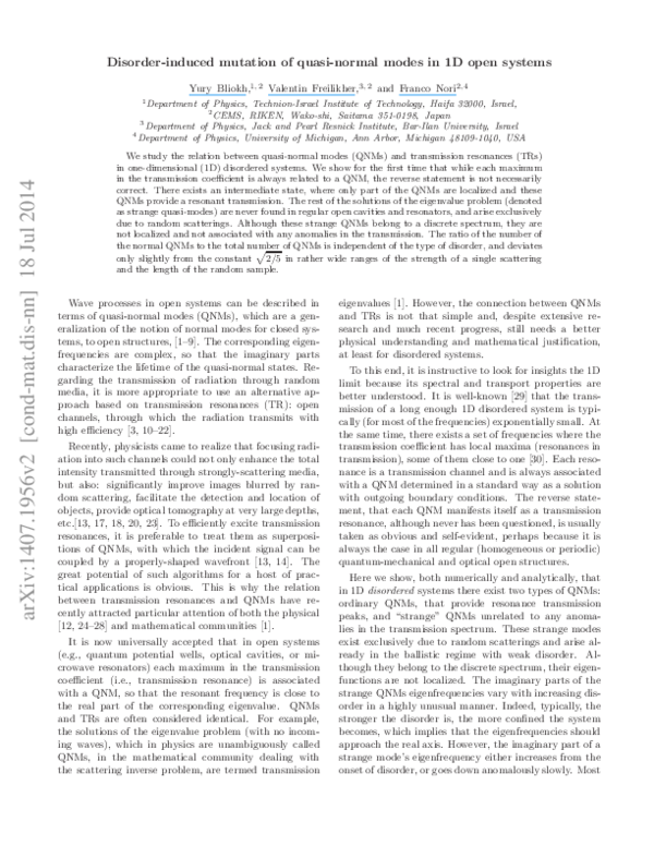 (PDF) Disorder-induced mutation of quasi-normal modes in 1D open systems