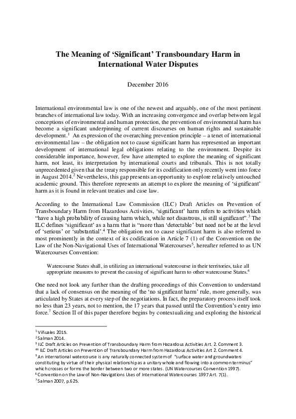(PDF) The Meaning of 'Significant' Transboundary Harm in International ...