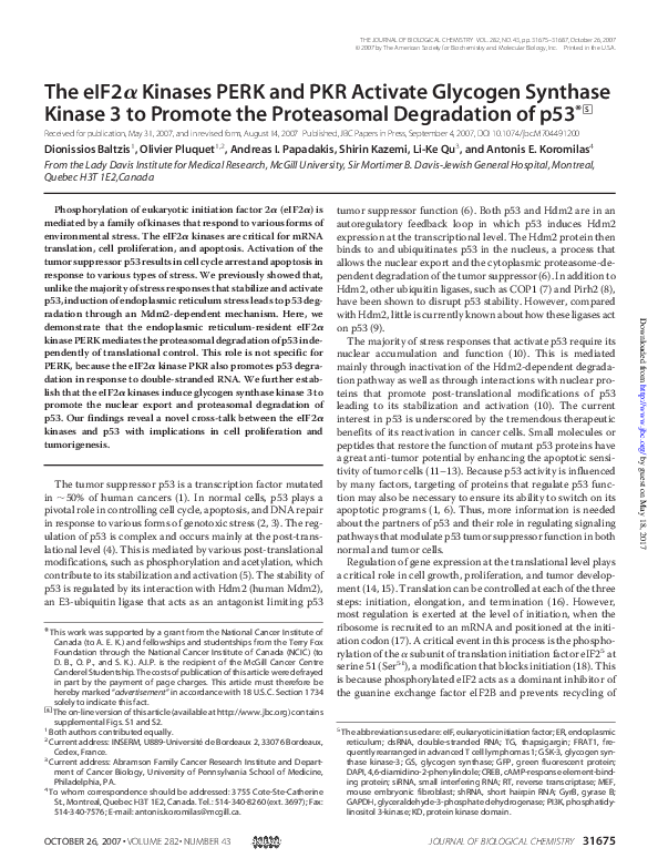 (PDF) The eIF2 Kinases PERK and PKR Activate Glycogen Synthase Kinase 3 ...