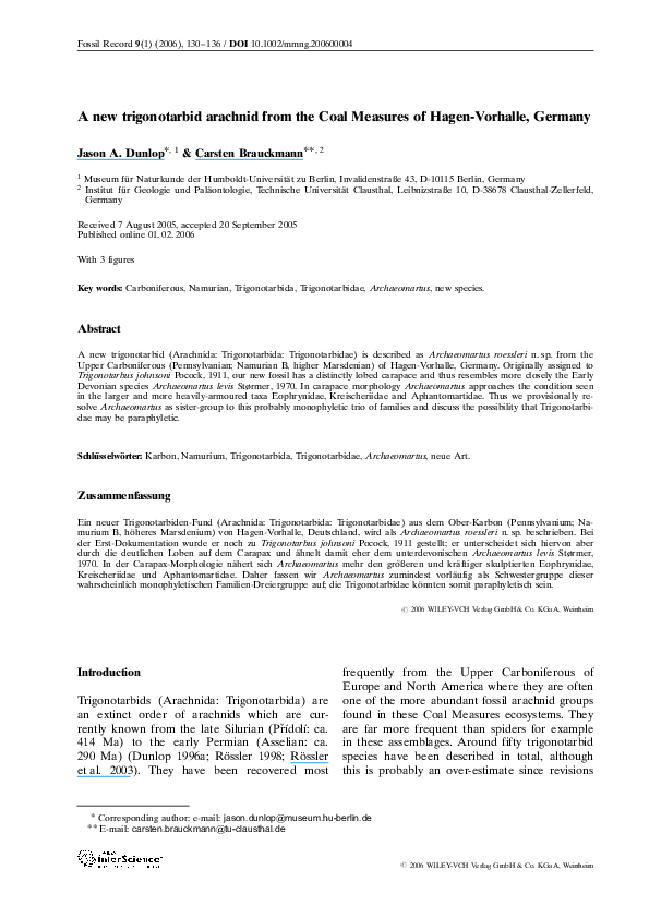 (PDF) A new trigonotarbid arachnid from the Coal Measures of Hagen ...
