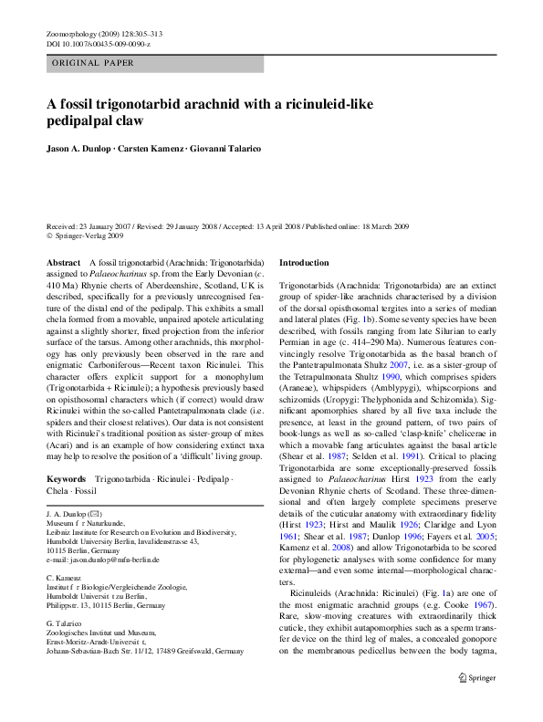 (PDF) A fossil trigonotarbid arachnid with a ricinuleid-like pedipalpal ...