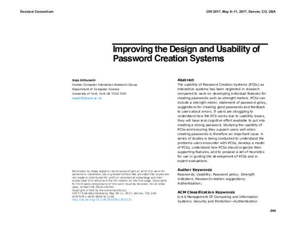 (PDF) Improving the Design and Usability of Password Creation Systems