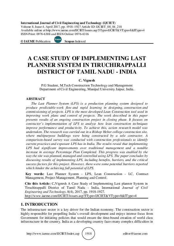 (PDF) A CASE STUDY OF IMPLEMENTING LAST PLANNER SYSTEM IN ...