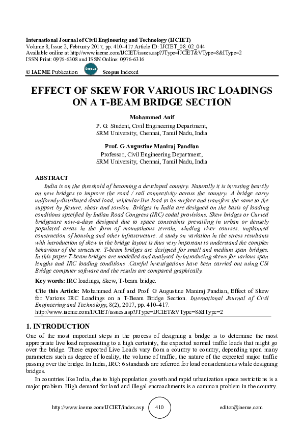 (PDF) EFFECT OF SKEW FOR VARIOUS IRC LOADINGS ON A T-BEAM BRIDGE SECTION