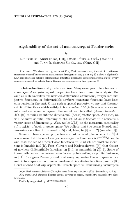 (PDF) Algebrability of the set of non-convergent Fourier series