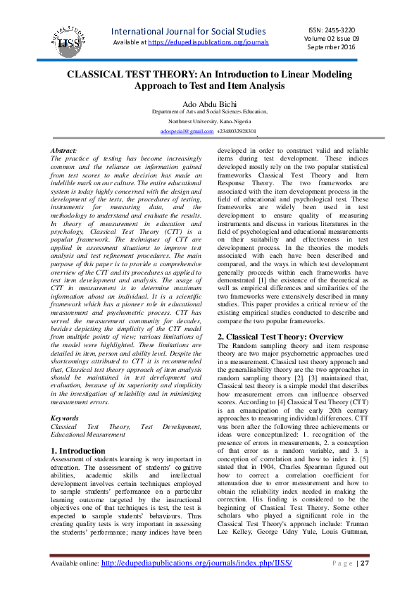 CLASSICAL TEST THEORY: An Introduction to Linear Modeling Approach to ...