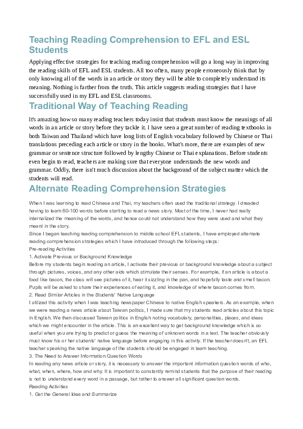 Teaching Reading Comprehension to EFL and ESL Students