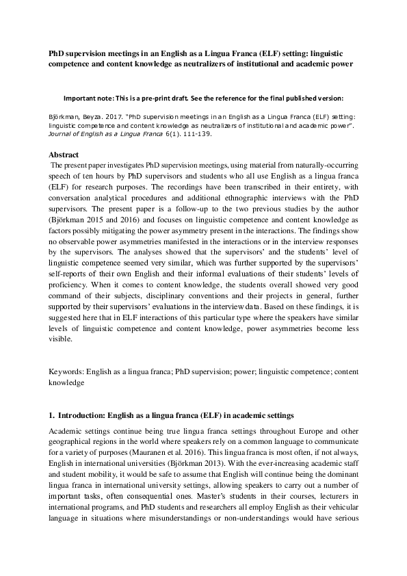 (PDF) PhD supervision meetings in an ELF setting Linguistic competence ...