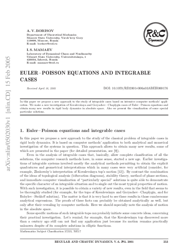 (PDF) Euler-Poisson equations and integrable cases