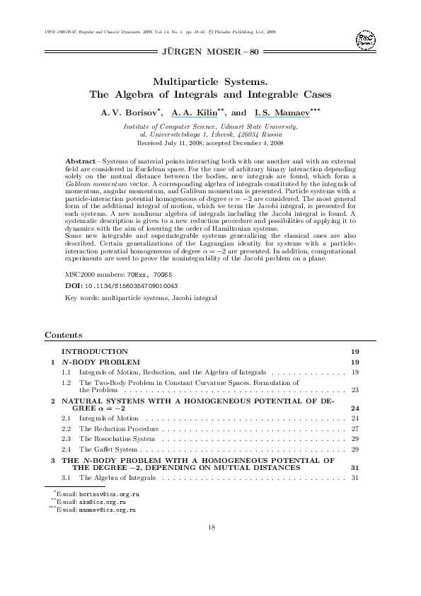 (PDF) Multiparticle systems. The algebra of integrals and integrable cases