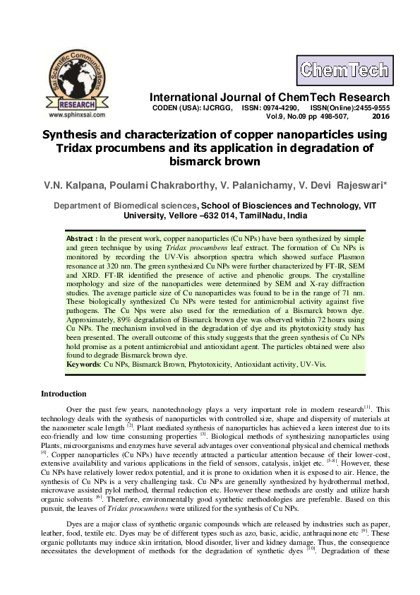 (PDF) Synthesis and characterization of copper nanoparticles using Tridax procumbens and its ...