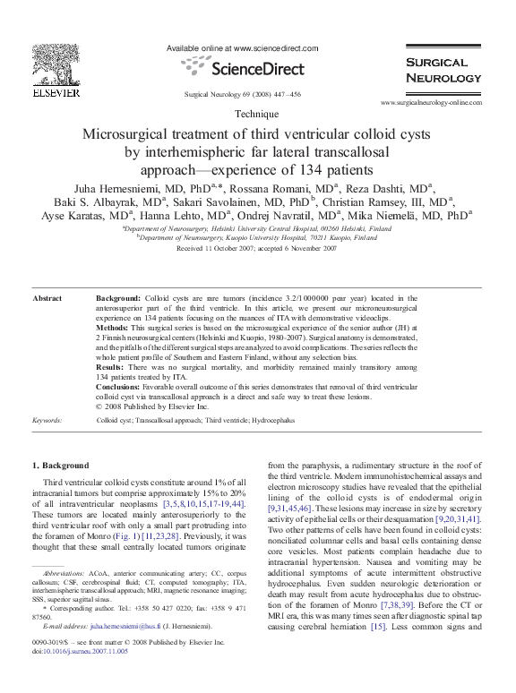 (PDF) Microsurgical treatment of third ventricular colloid cysts by ...