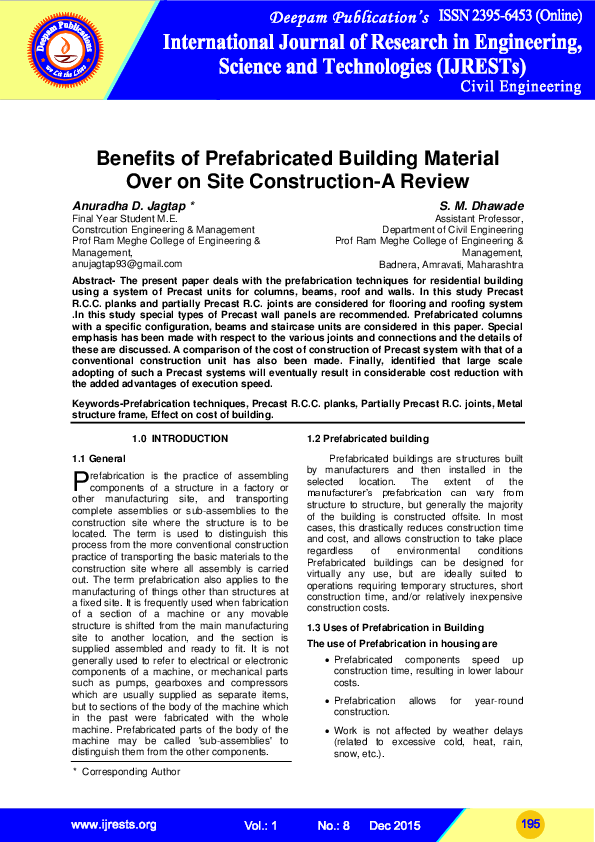 (PDF) Benefits of Prefabricated Building Material Over on Site ...