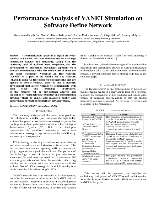 Pdf Performance Analysis Of Vanet Simulation On Software Define Network