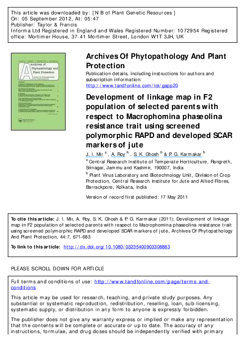 (PDF) PTC&B Construction of Genetic Map of Jute (Corchorus olitorius L.) Based on RAPD Markers ...