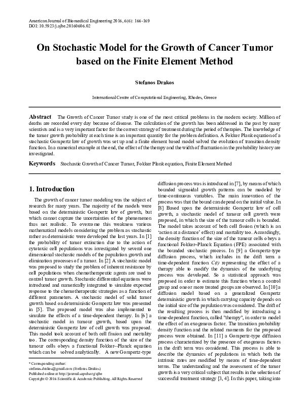 Pdf On Stochastic Model For The Growth Of Cancer Tumor Based On The Finite Element Method