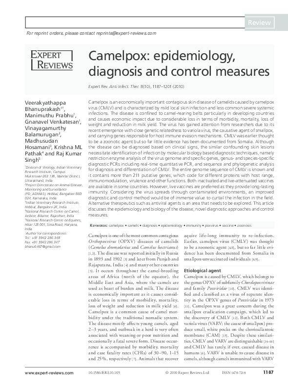 (PDF) Camelpox: epidemiology, diagnosis and control measures