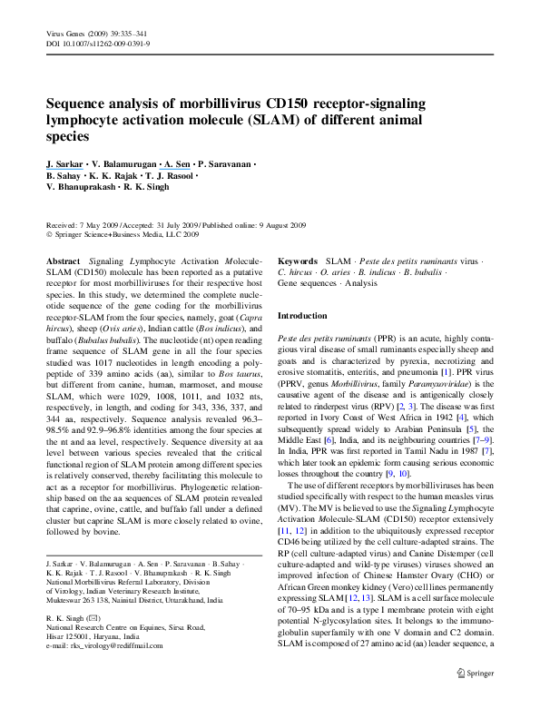 (PDF) Sequence analysis of morbillivirus CD150 receptor-signaling ...
