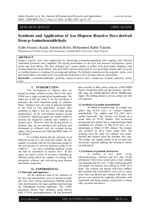 (PDF) Synthesis and Application of Azo Disperse Reactive Dyes derived ...