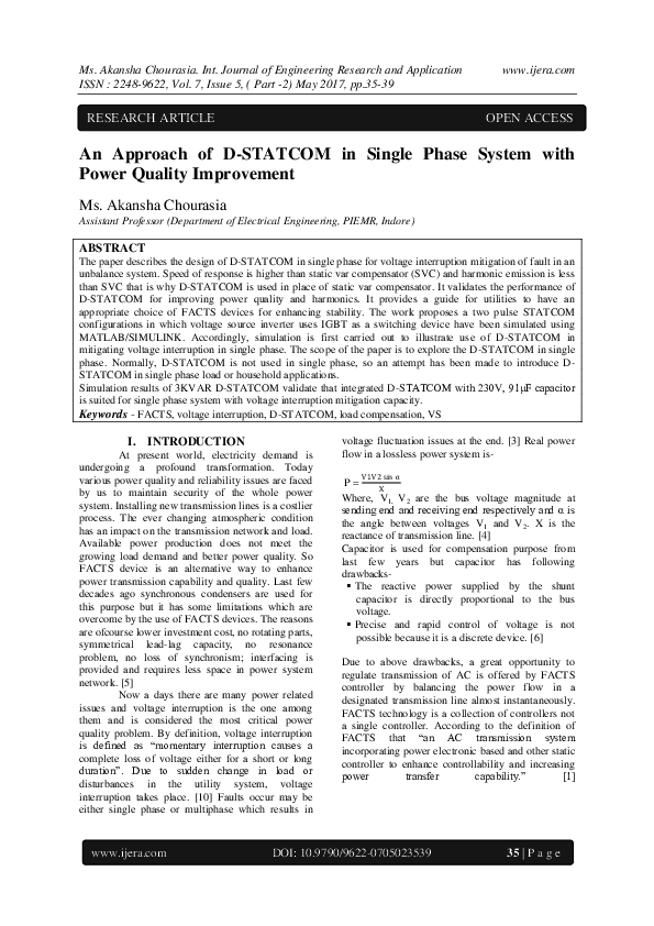 Pdf An Approach Of D Statcom In Single Phase System With Power