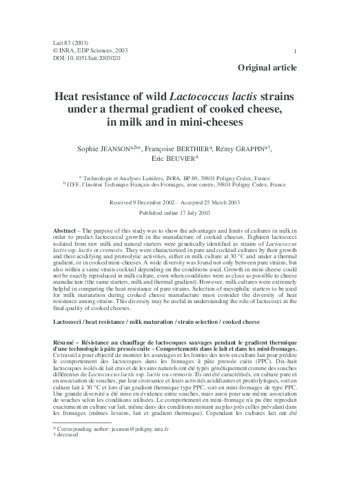Pdf Heat Resistance Of Wild Lactococcus Lactis Strains Under A Thermal Gradient Of Cooked