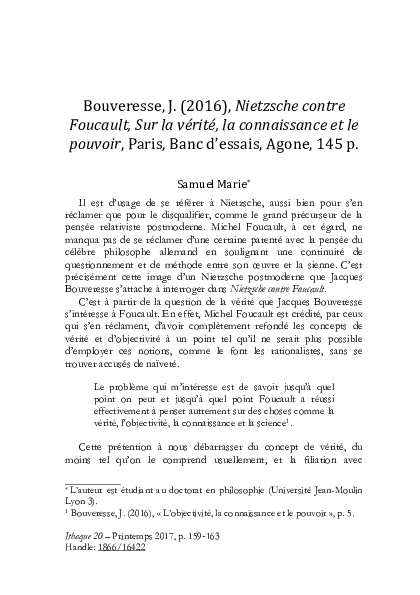 (PDF) Jacques Bouveresse. Nietzsche contre Foucault. Sur la vérité, la ...