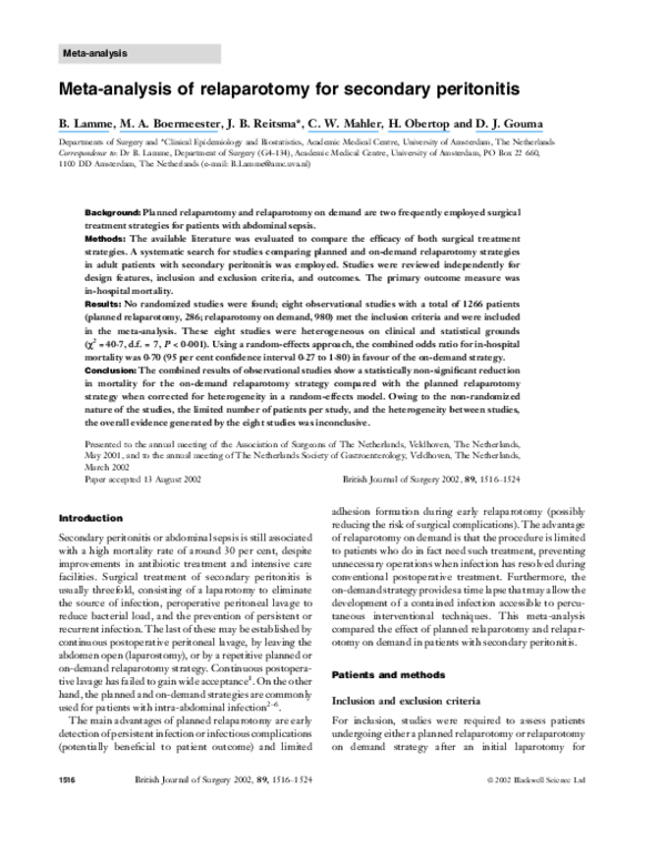 (PDF) Meta-analysis of relaparotomy for secondary peritonitis