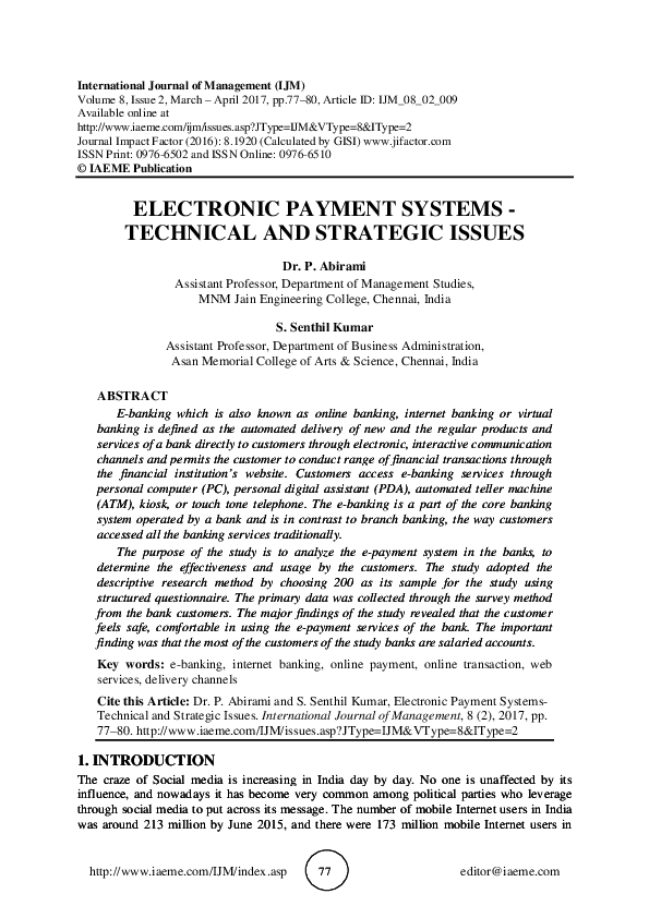 (PDF) ELECTRONIC PAYMENT SYSTEMS - TECHNICAL AND STRATEGIC ISSUES