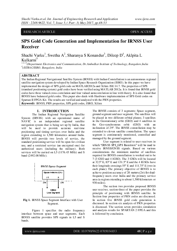(PDF) SPS Gold Code Generation and Implementation for IRNSS User Receiver