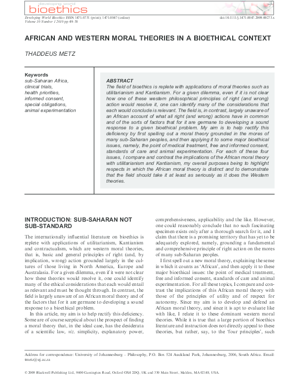 (PDF) African and Western Moral Theories in a Bioethical Context