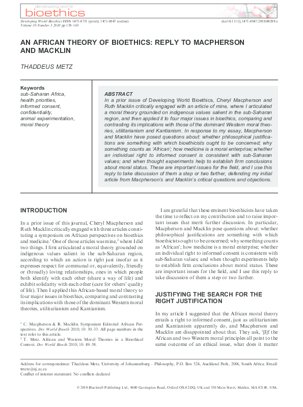 (PDF) An African Theory of Bioethics: Reply to Macpherson and Macklin