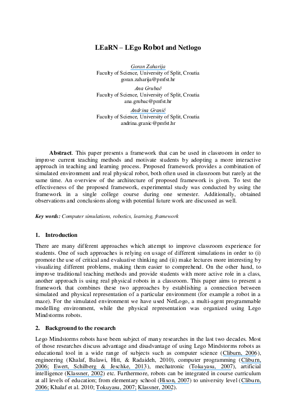 (PDF) LEaRN – LEgo Robot and Netlogo | Goran Zaharija - Academia.edu